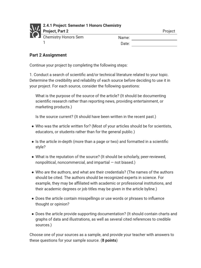 2.4.1 Project - Semester 1 Honors Chemistry Project, Part 2 (Project ...
