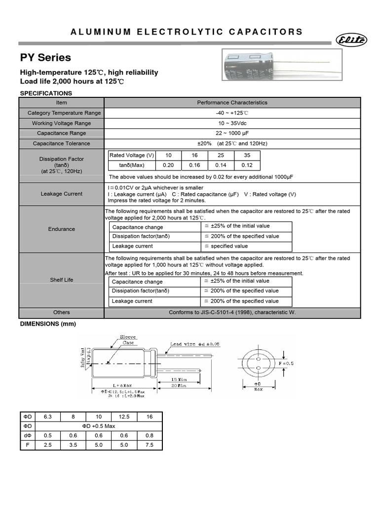 Elite (Radial Thru-Hole) PY Series | PDF | Capacitor | Capacitance