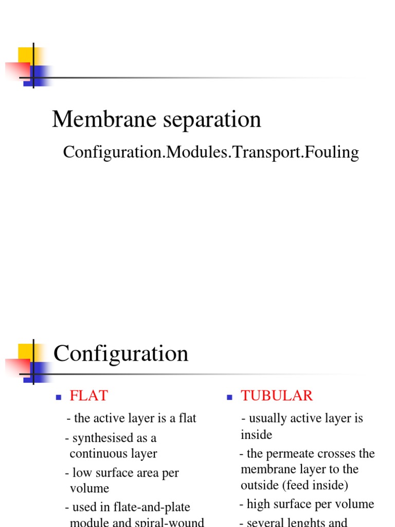 Membrane Separation: Configuration - Modules.Transport - Fouling | PDF ...