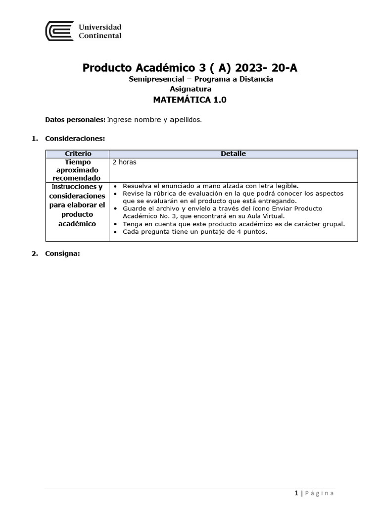 PA3 DE MATEMATICA 1 (1) Producto Academico n3 | PDF | Matemáticas