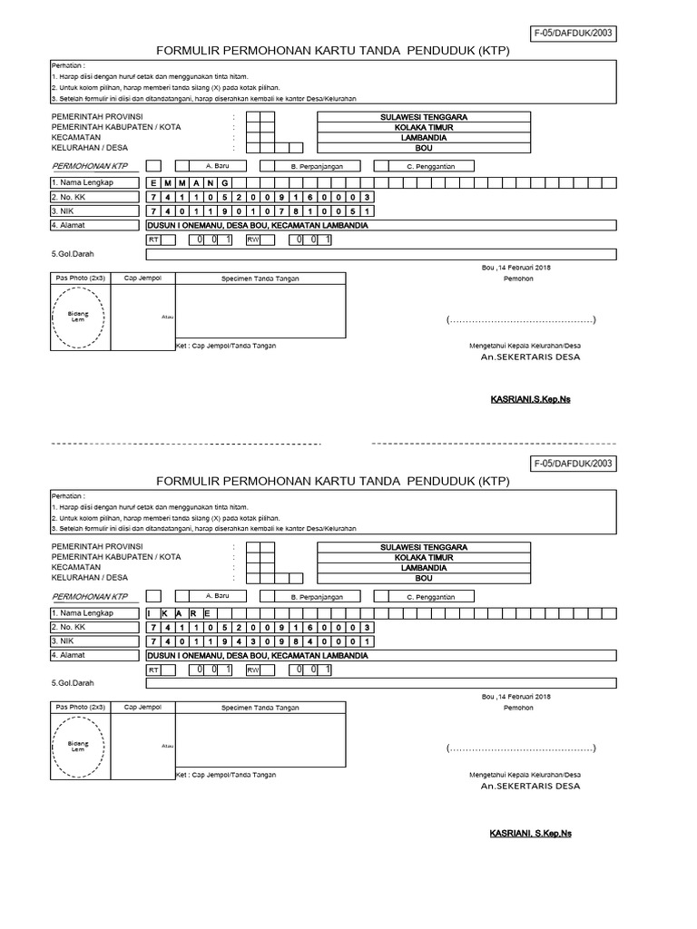 Formulir Permohonan KTP Sulawesi Tenggara | PDF