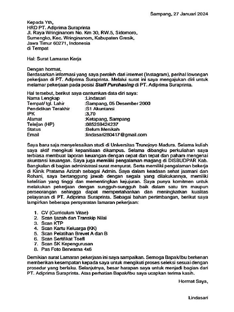 Lindasari Staf Purchasing | PDF