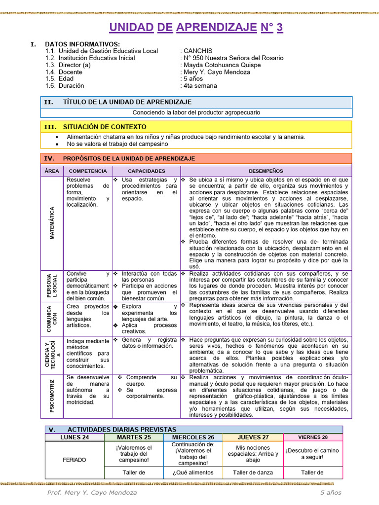 Unidad de Aprendizaje 3 - UD IV - Editora Quipus Perú 5 AÑOS | PDF | Aprendizaje | Alimentos