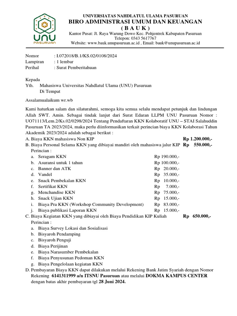 108 Surat Edaran BAUK UNU 250524 - Pembayaran KKN Kolaborasi 2324 | PDF | Pengelolaan Keuangan ...
