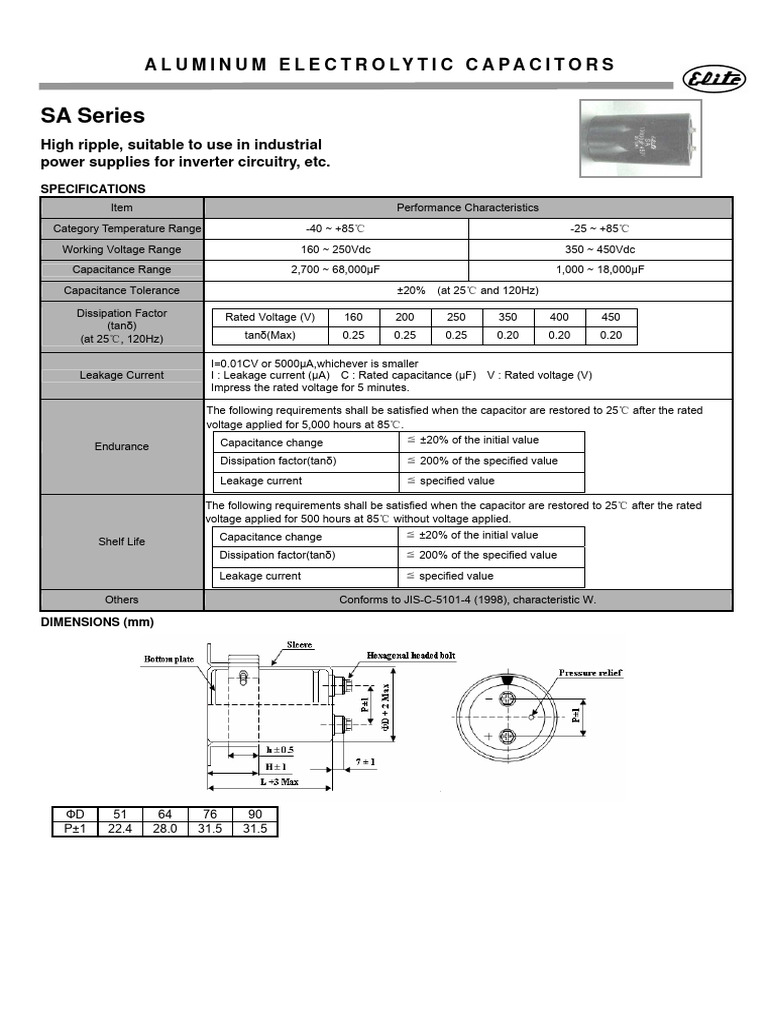 Elite (Screw-Terminal) SA Series | PDF | Capacitor | Capacitance