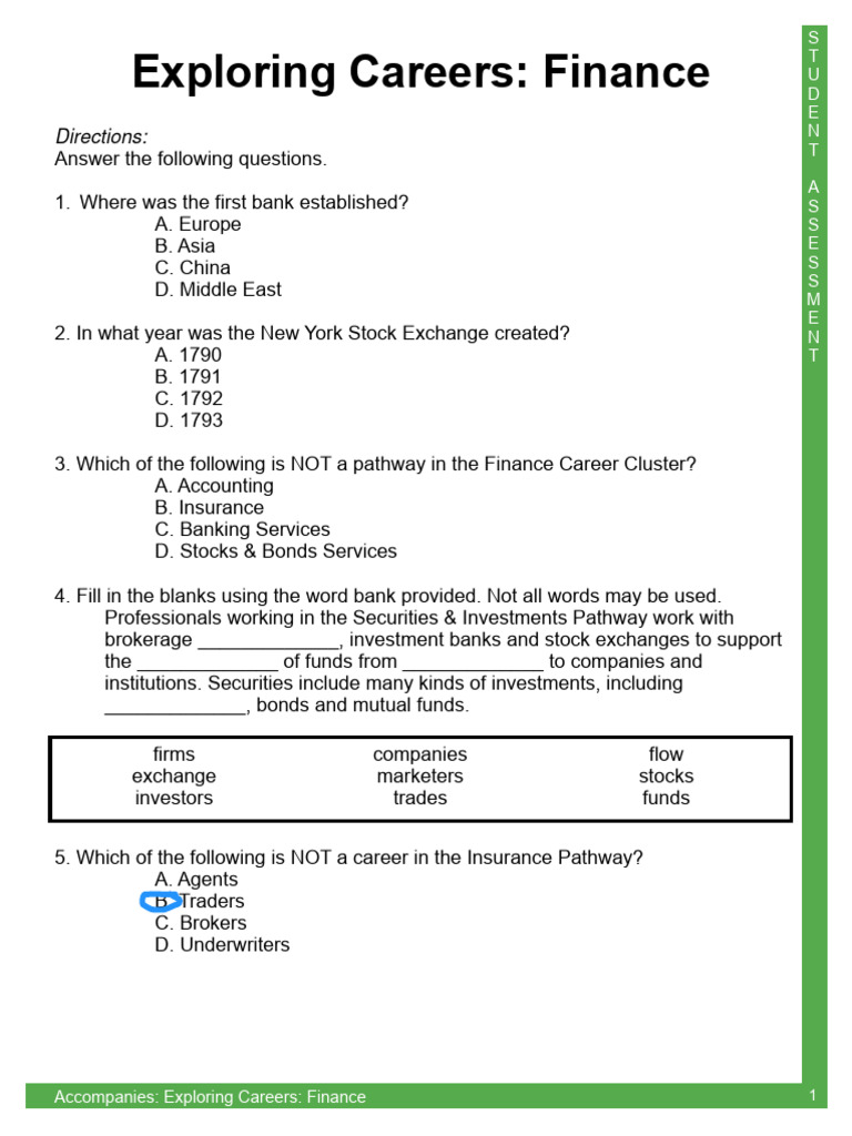 Finance Career Assessment Questions | PDF | Investing | Banks