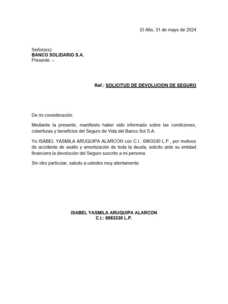 Solicitud de Devolucion de Seguro | PDF
