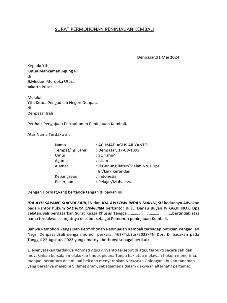 Surat Permohonan Peninjauan Kembali | PDF