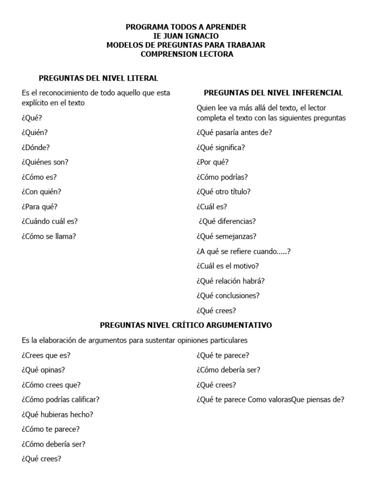 Modelos de Preguntas para Trabajar Comprension Lectora | PDF ...