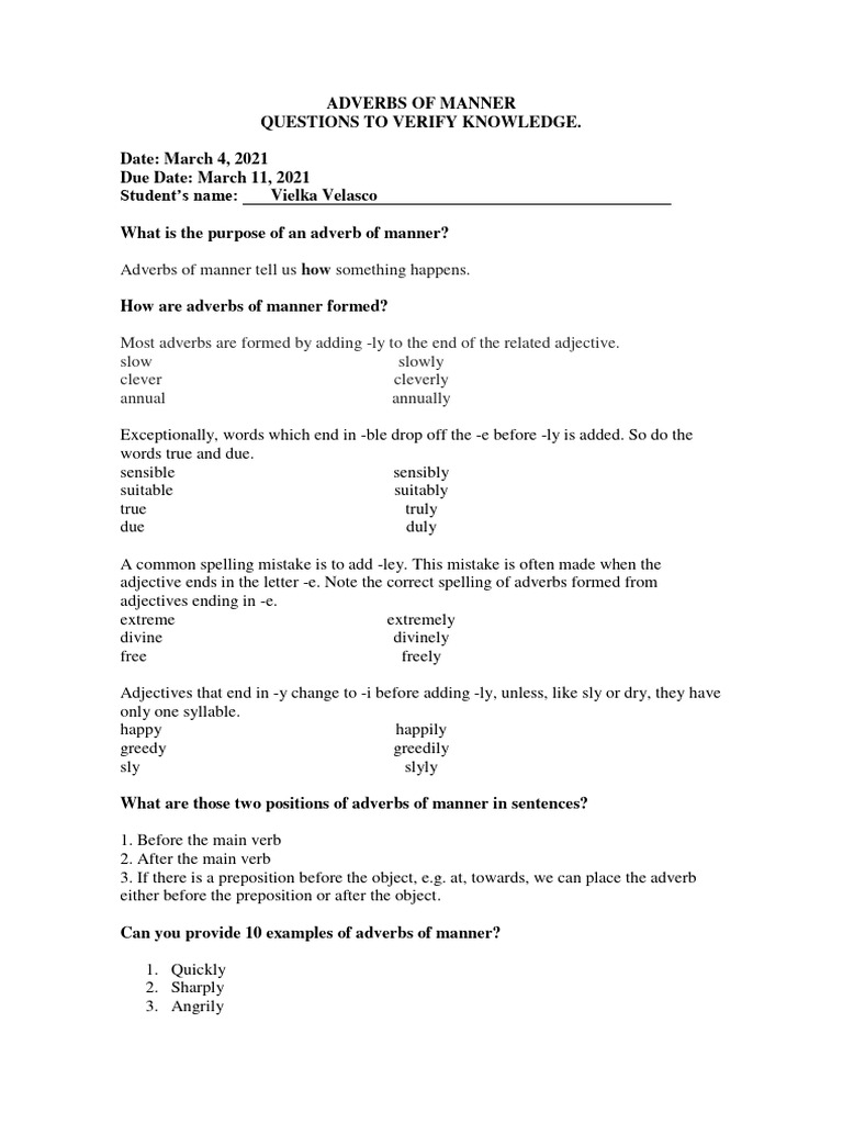 Adverbs of Manner - Assessment in Class 4-3-2021 | Download Free PDF ...