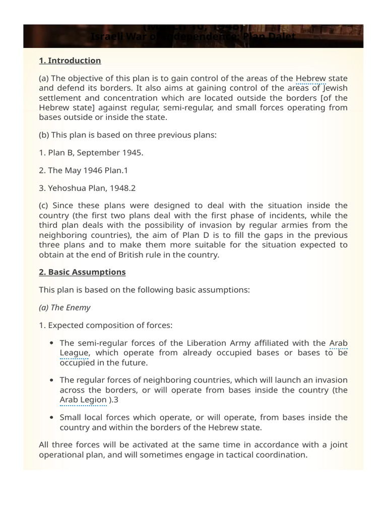 Israeli War of Independence: Plan D Overview | PDF | Mandatory ...