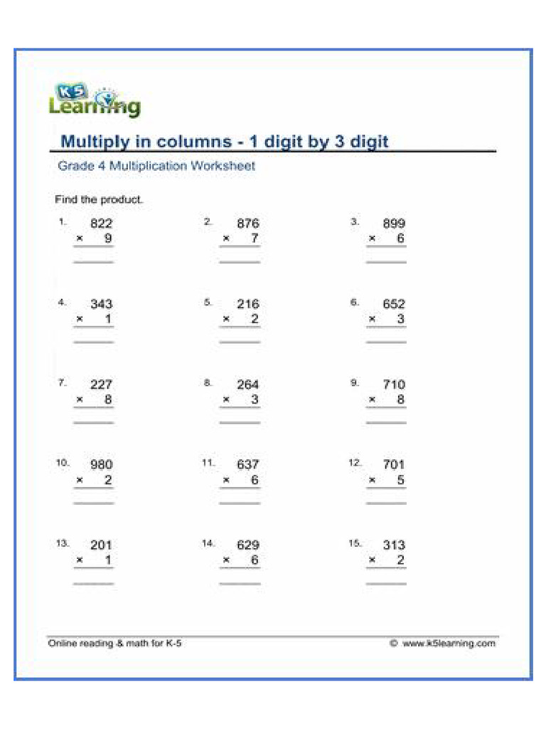Grade 4 Multiplication in Columns Worksheet | PDF