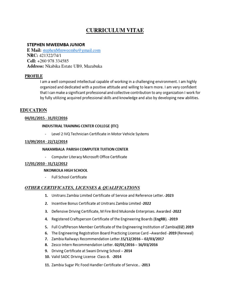Diesel Mechanic CV - Stephen Mweemba | PDF | Brake | Vehicles