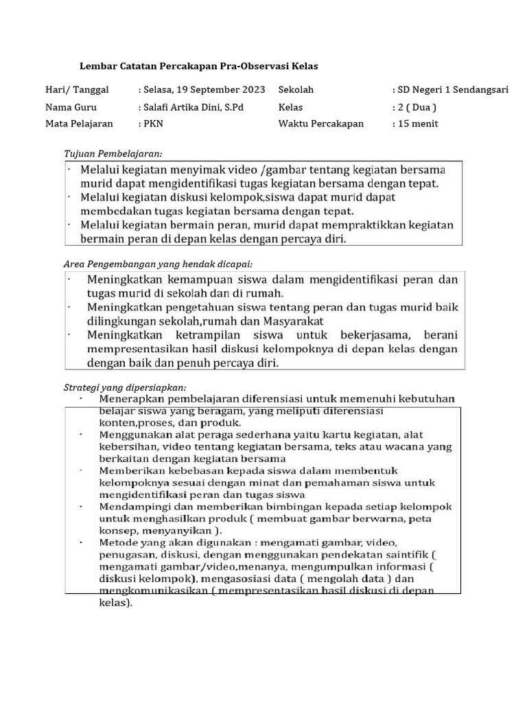 1 - Lembar Catatan Percakapan Pra-Observasi Kelas | PDF