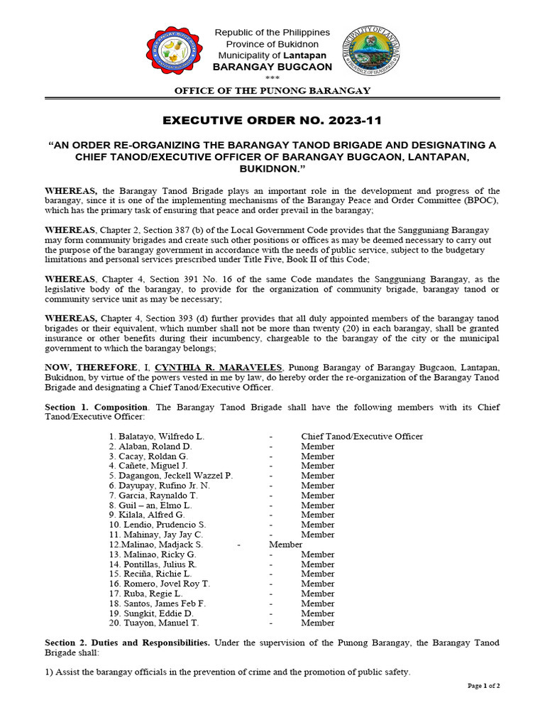 EO 11 - Barangay Tanod | PDF | Illegal Drug Trade | Fire Safety