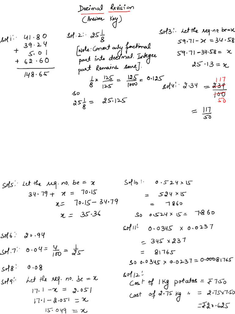 Decimal Revision Term 1 Answer Key | PDF
