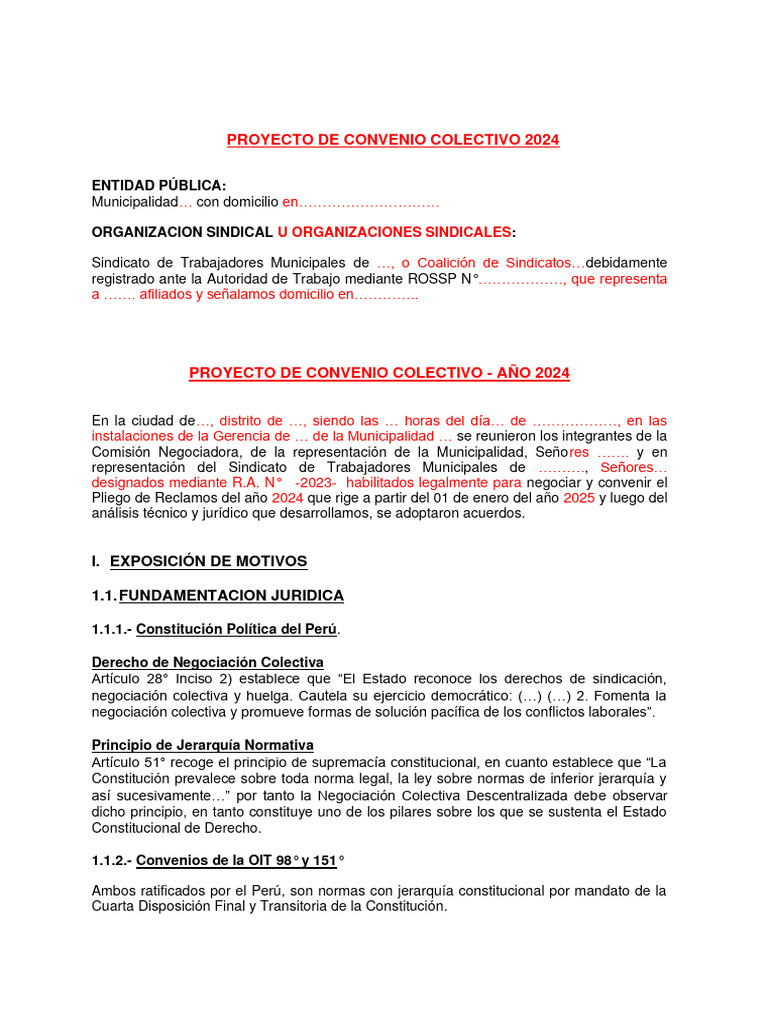 Modelo de Proyecto de Convenio Colectivo 2024 | PDF | Salario | Derecho laboral