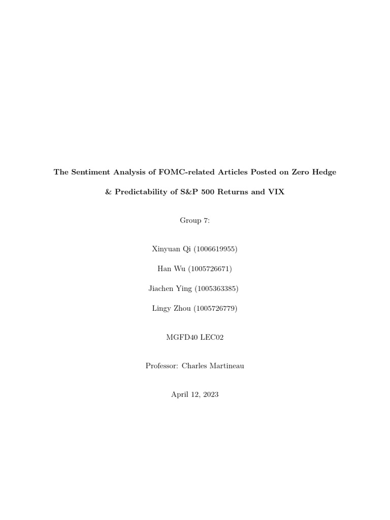 FOMC Sentiment Impact on S&P 500 Returns | PDF | Statistics | Dependent And Independent Variables
