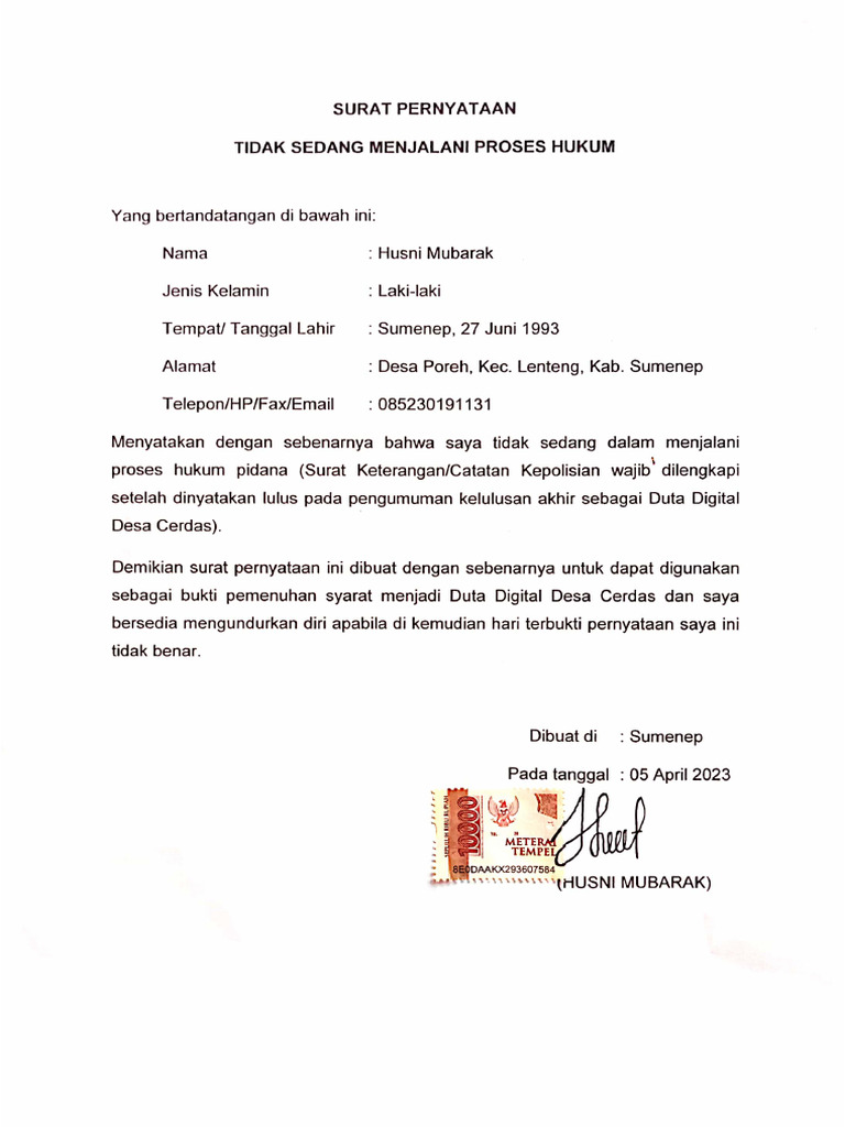 Surat Pernyataan Hukum | PDF