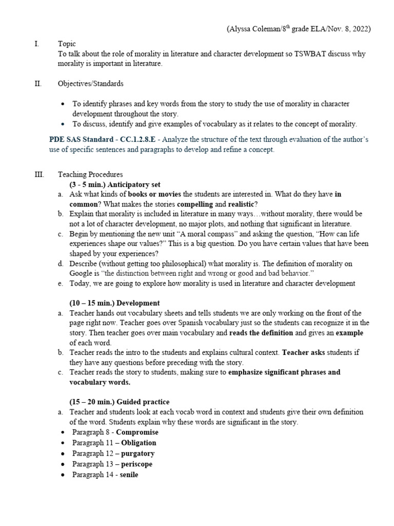 Ela Lesson Plan For Field | PDF | Morality | Vocabulary