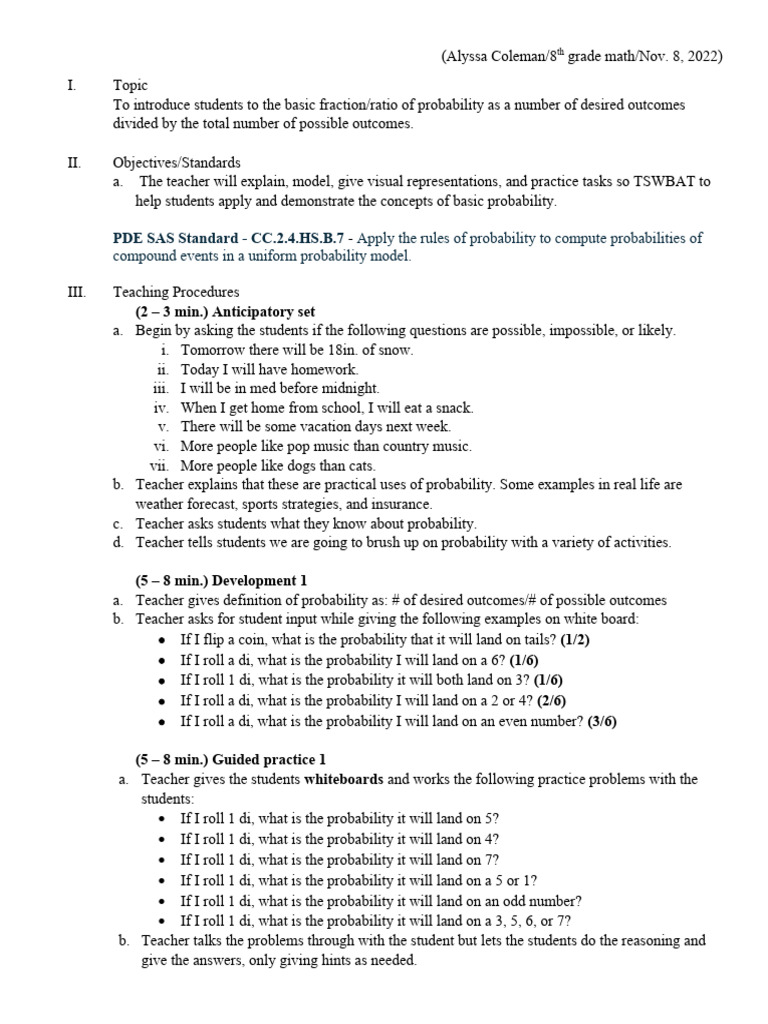 Math Lesson Plan For Field | PDF | Probability | Learning