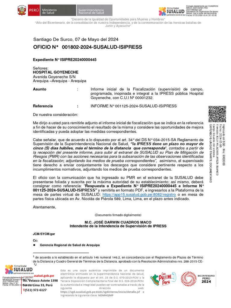 OFICIO #001802-2024-SUSALUD-ISIPRESS: Santiago de Surco, 07 de Mayo Del 2024 | PDF | Medicina de ...