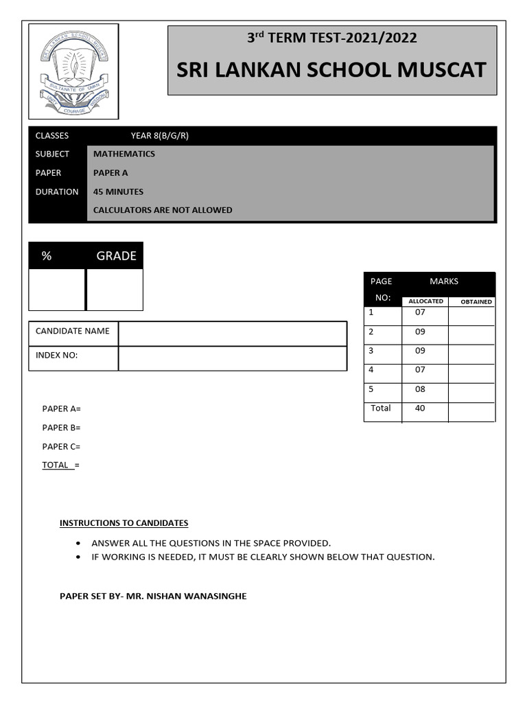 Mathematics Year8 3rd Term Test 2021 2022 | PDF | Circle | Geometry