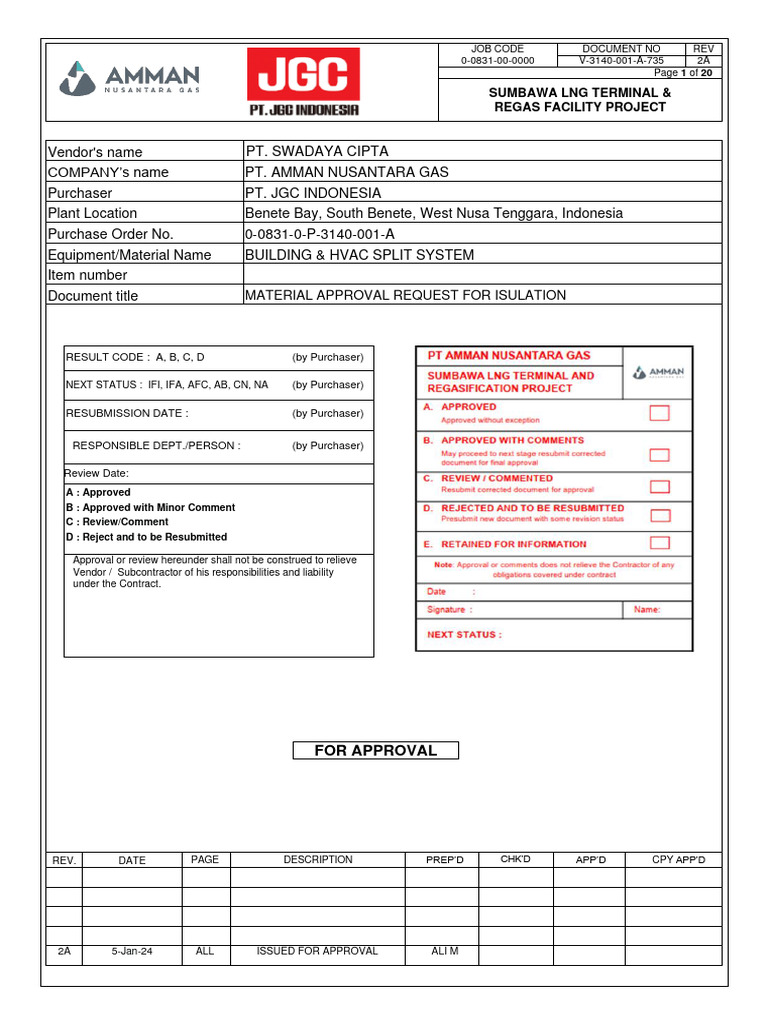 Material Approval Request For Isulation: Sumbawa LNG Terminal & Regas Facility Project | PDF ...