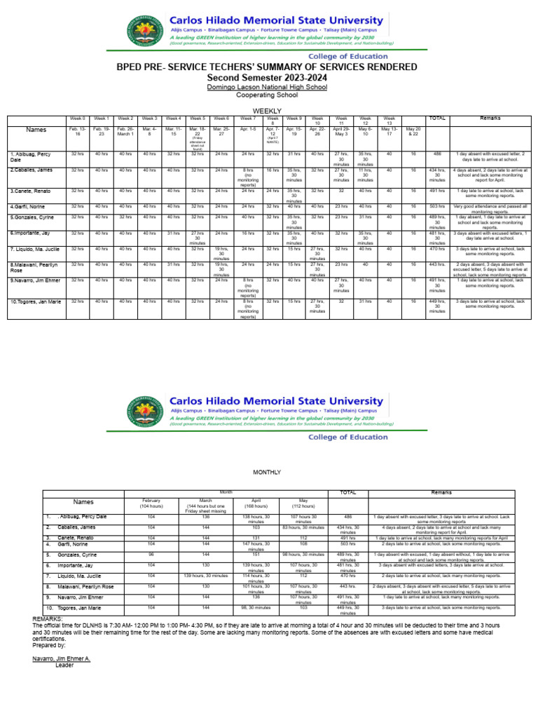 DLNHS Summary of Services Rendered | PDF