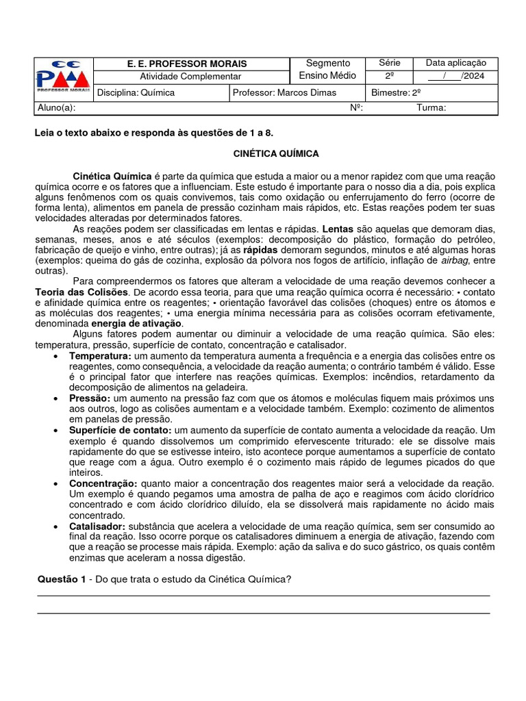 EEPM - Atividade Complementar - CinÃ© Tica QuÃ - Mica - 2R5, 2R6, 2R7 e 2R8 - 2Âº Bimestre | PDF ...
