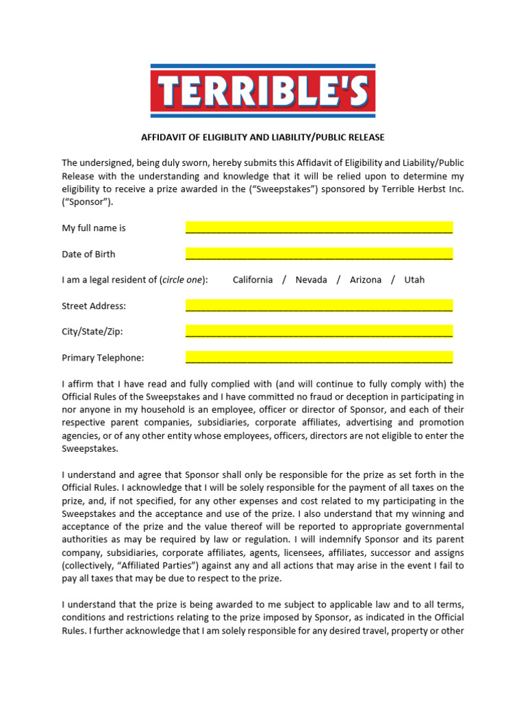 Prize Release Affidavit - Terrible Herbst | PDF | Insurance | Private Law