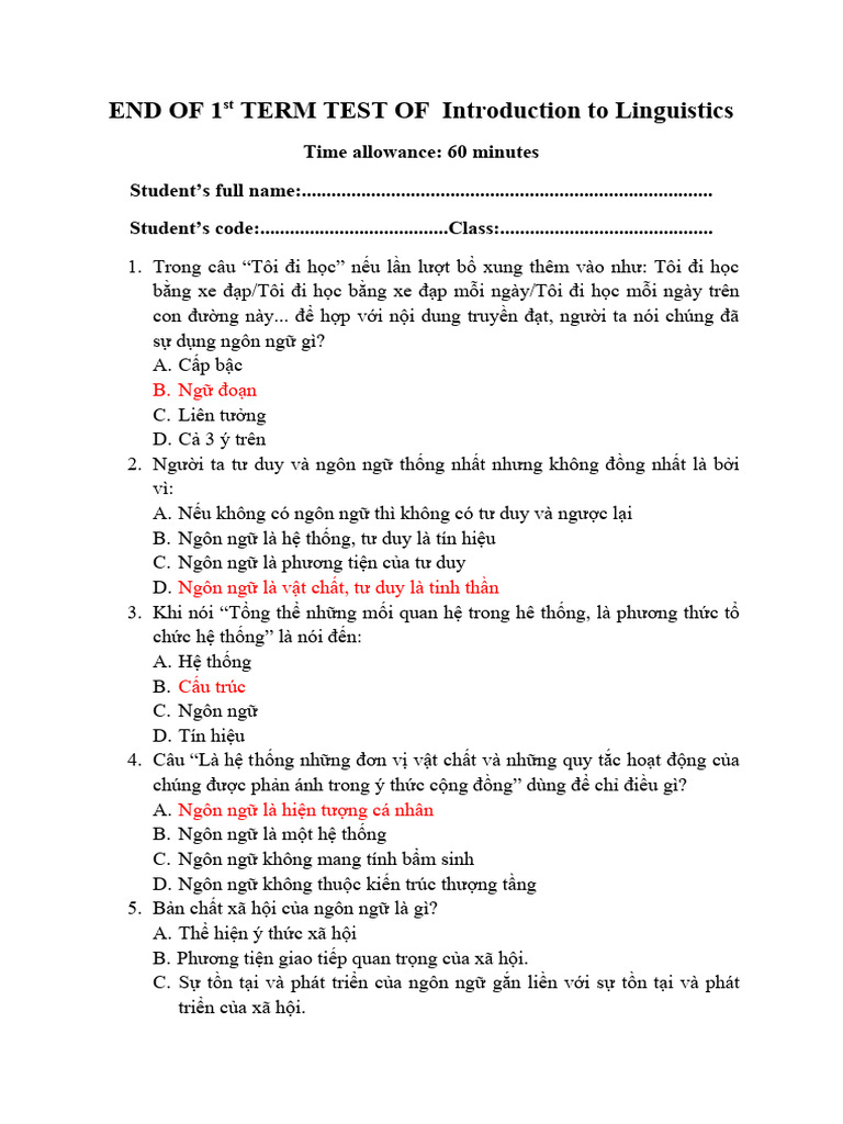 END OF 1st TERM TEST OF Introduction To Linguistics (KEY) | PDF