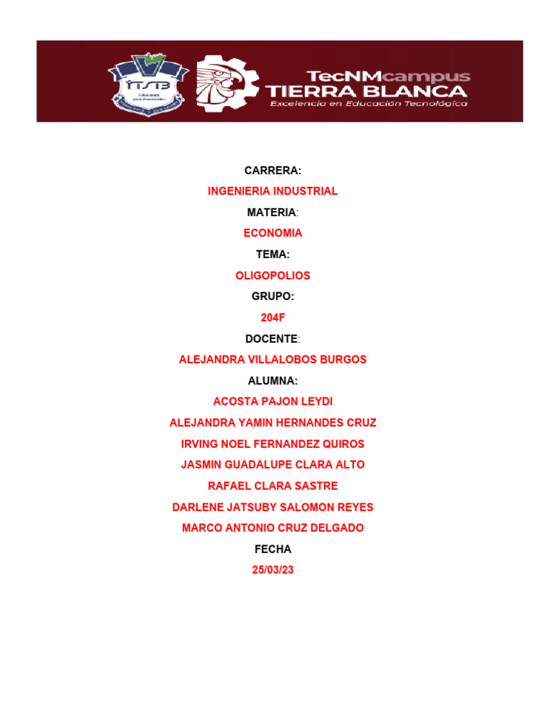 Hoja de Presentacion de Equipo 3 Oligopolios | PDF