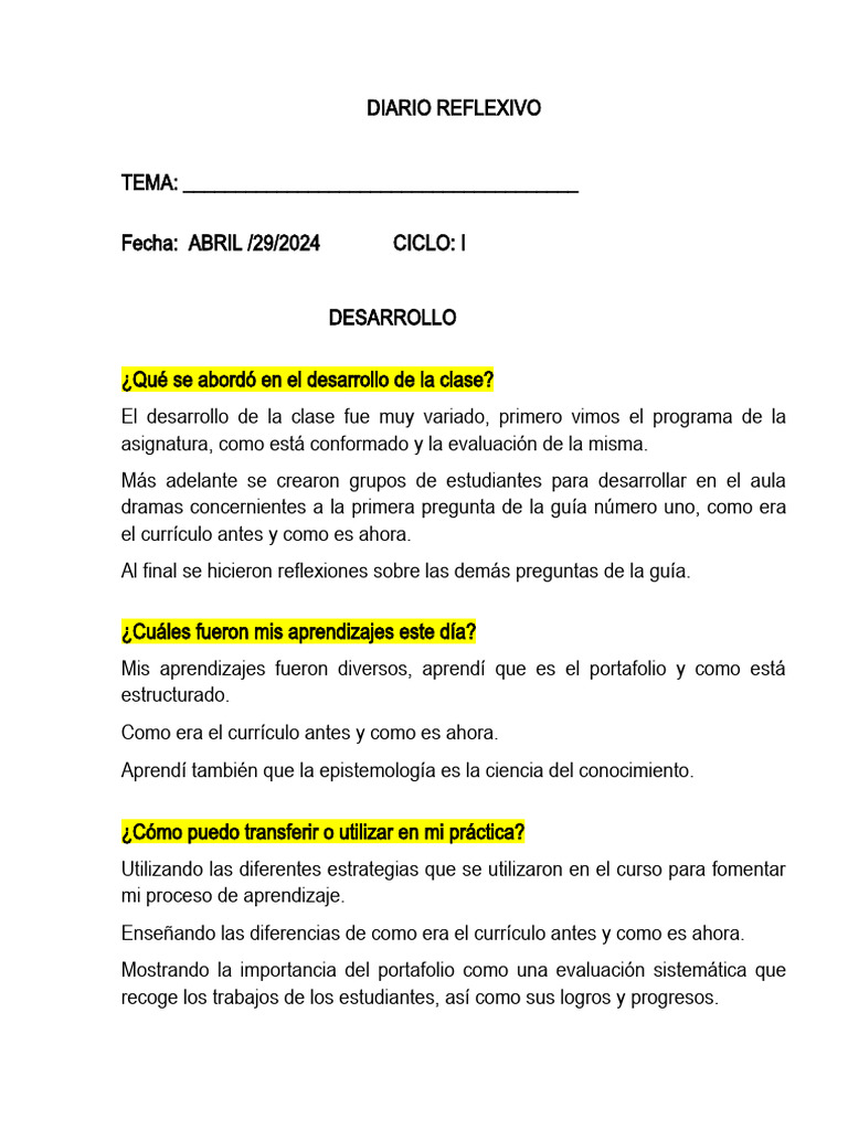 Diario Reflexivo Modelo (P1) | PDF | Plan de estudios | Aprendizaje