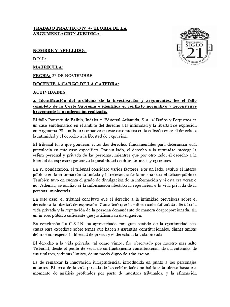 Trabajo Practico N4 Teoria de La Arguentacion Juridica | PDF | Privacidad | Donación