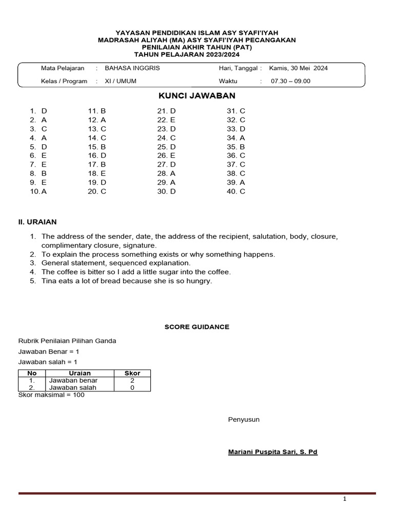 PAT English Answer Key 2023/2024 | PDF