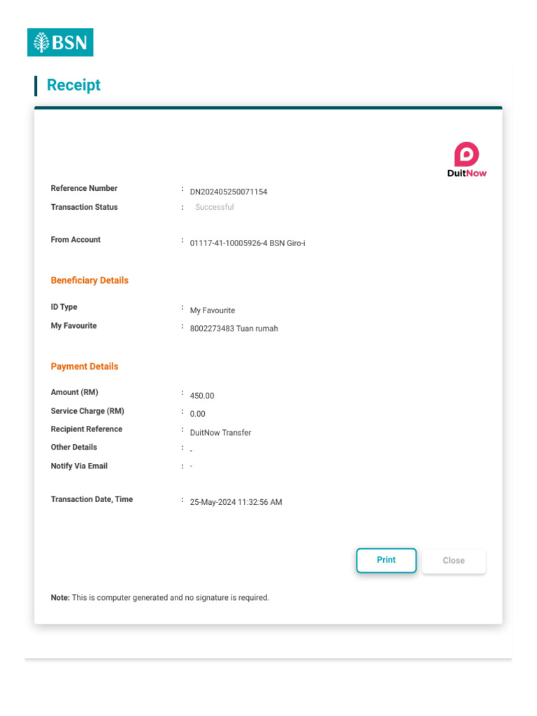 Successful DuitNow Transfer Receipt | PDF