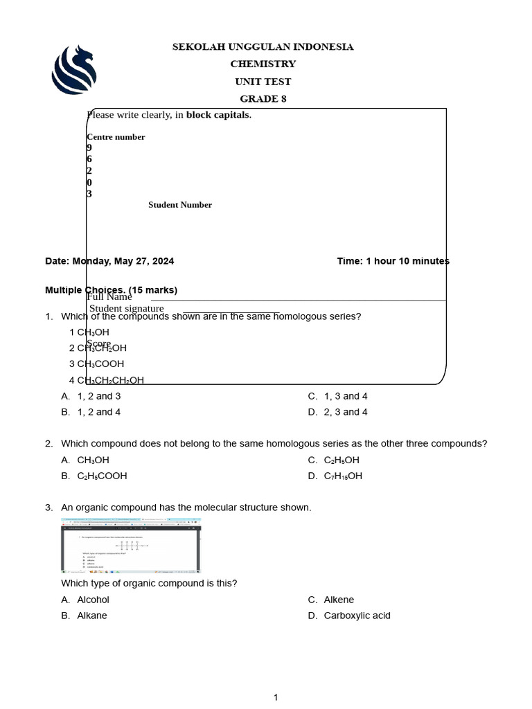 Grade 8 Chemistry Unit Test | PDF | Ethanol | Ester