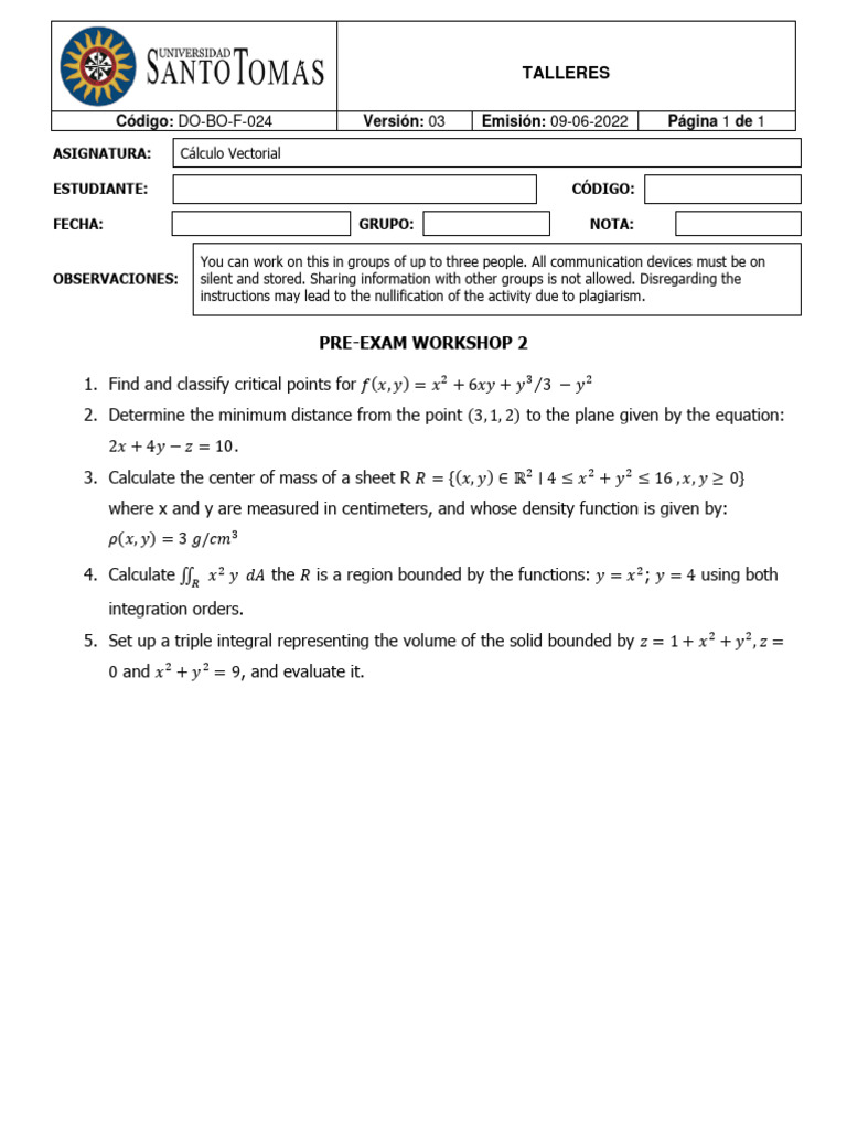 Estudiante Pre-Exam Workshop 2 Vector Calculus 2024-1 | PDF