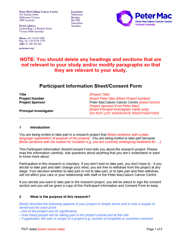 PICF Low Risk Template 2024 | PDF | Information | Consent