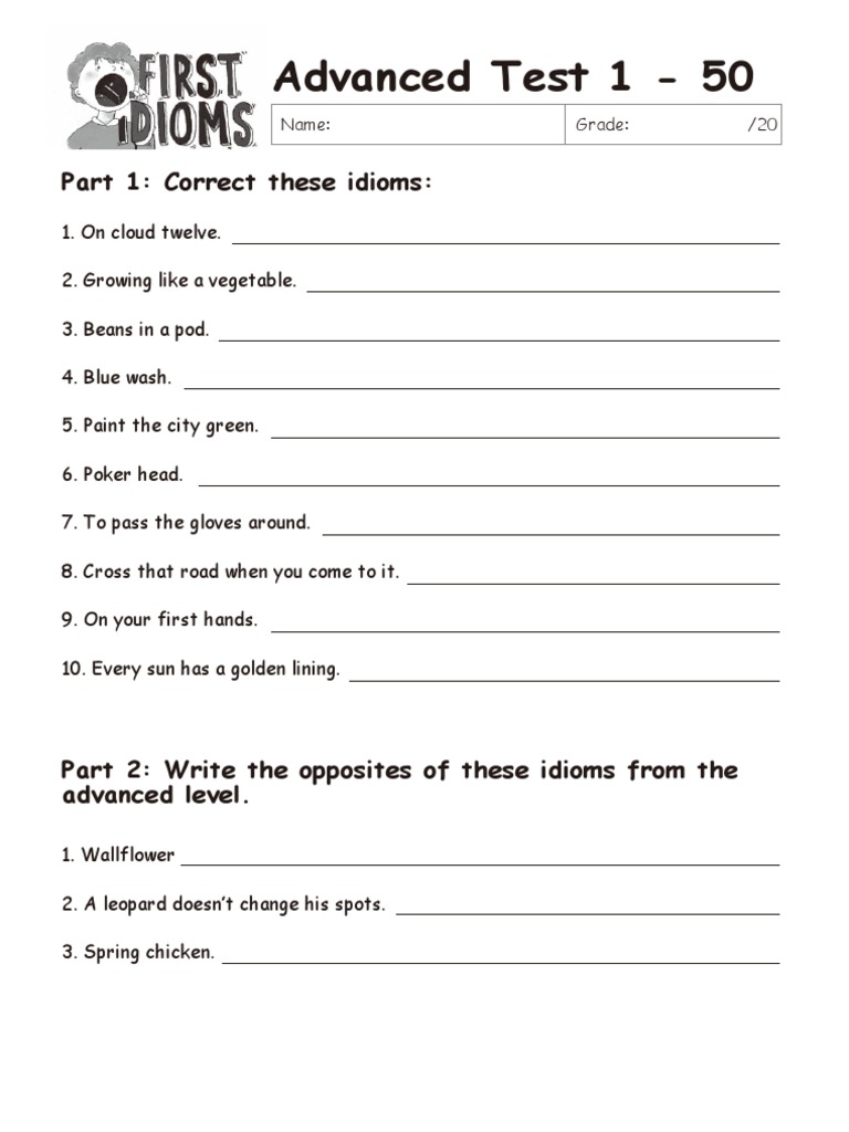 Advanced Idioms Test for Grades 1-5 | PDF