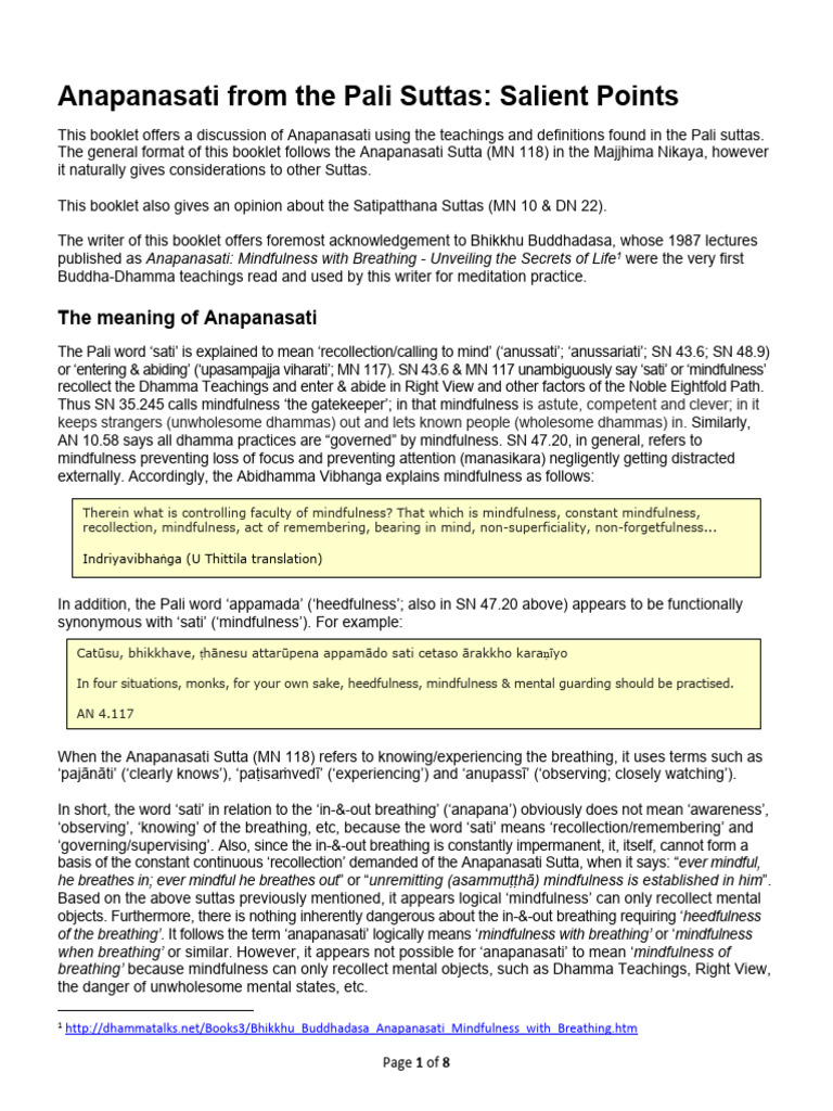 Anapanasati From The Pali Suttas - Salient Points | PDF | Sati ...