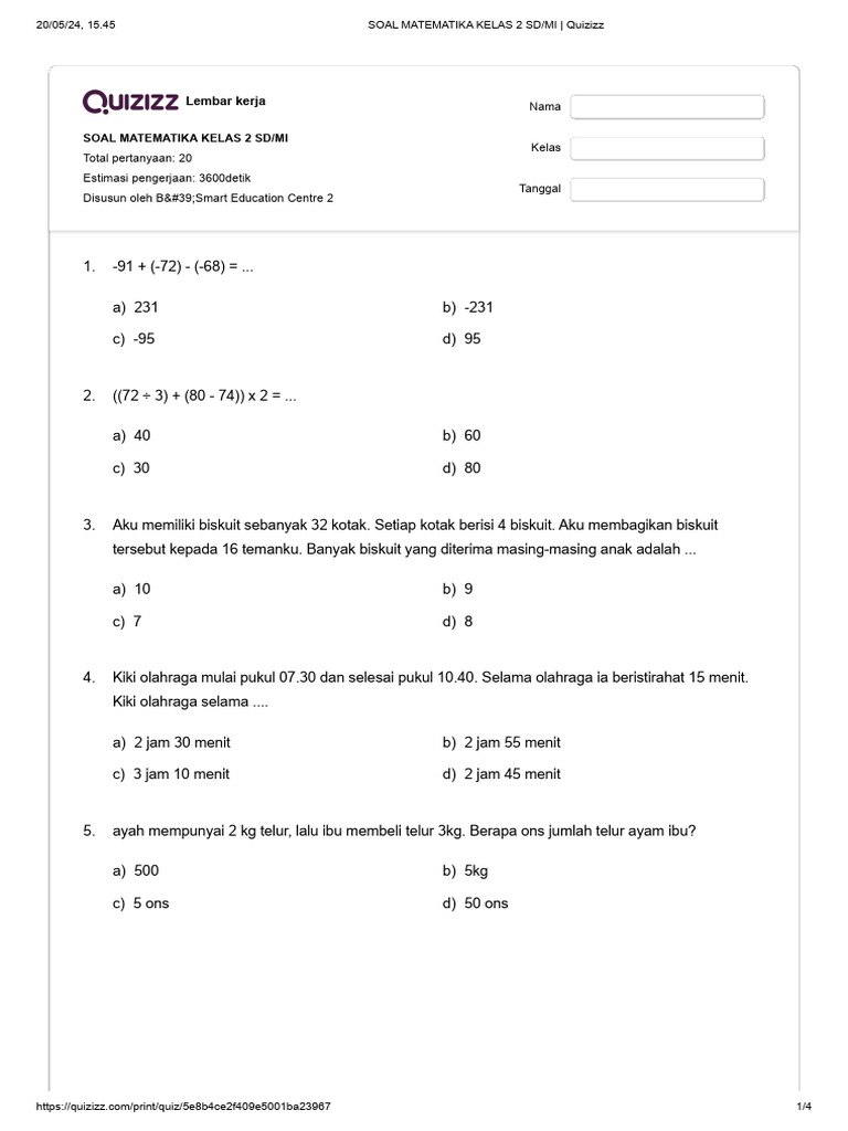 SOAL MATEMATIKA KELAS 2 SD - MI - Quizizz | PDF
