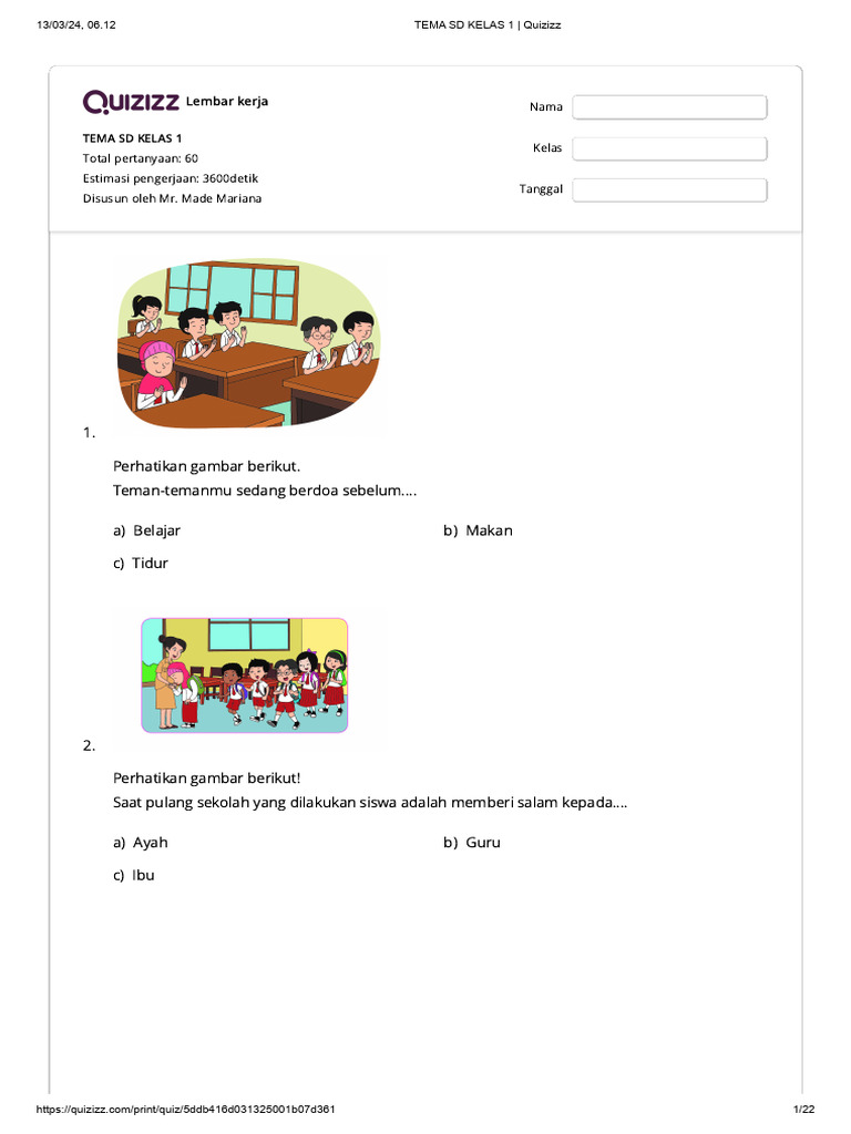 TEMA SD KELAS 1 - Quizizz | PDF