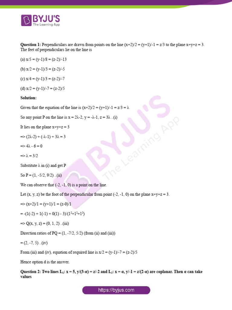 Three Dimensional Geometry JEE Advanced Previous Year Questions With ...
