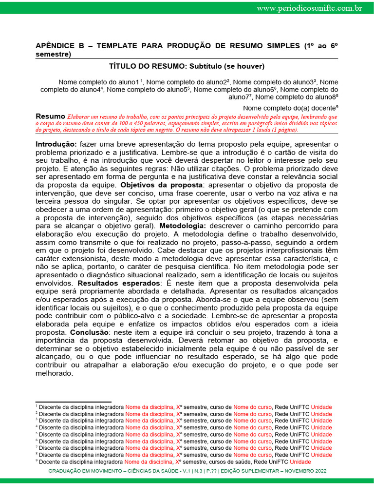 Template para Producao de Resumo Simples 1o Ao 6o Semestre | PDF ...