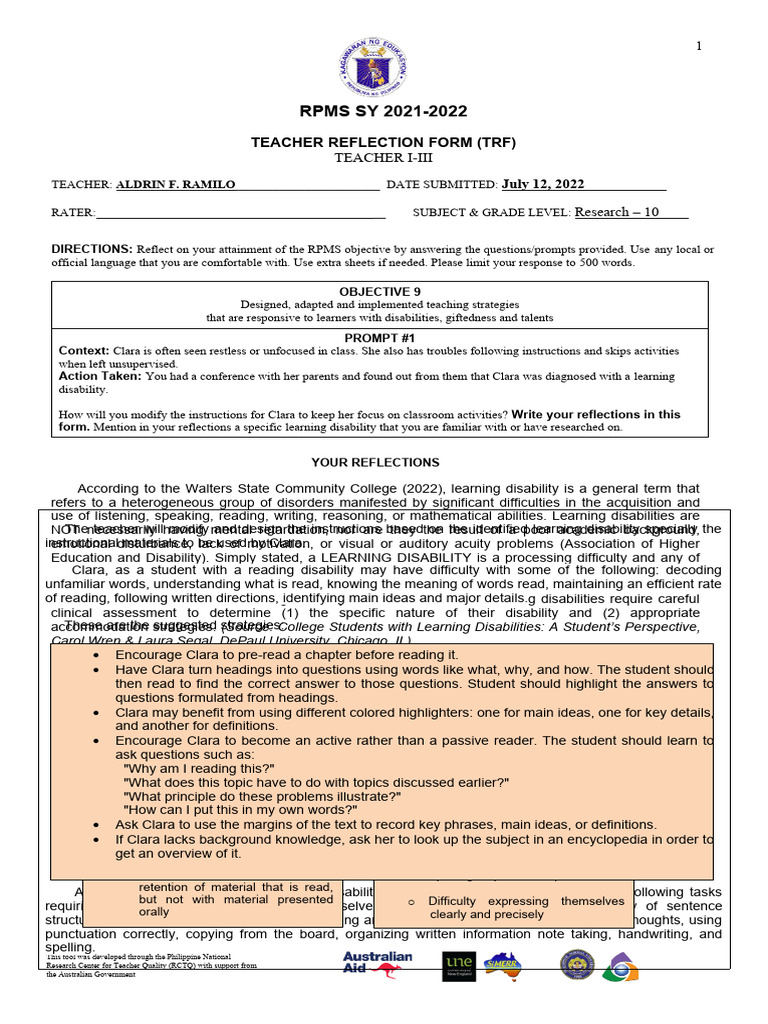 (Appendix 4A) Teacher Reflection Form For T I-III For RPMS SY 2021-2022 ...
