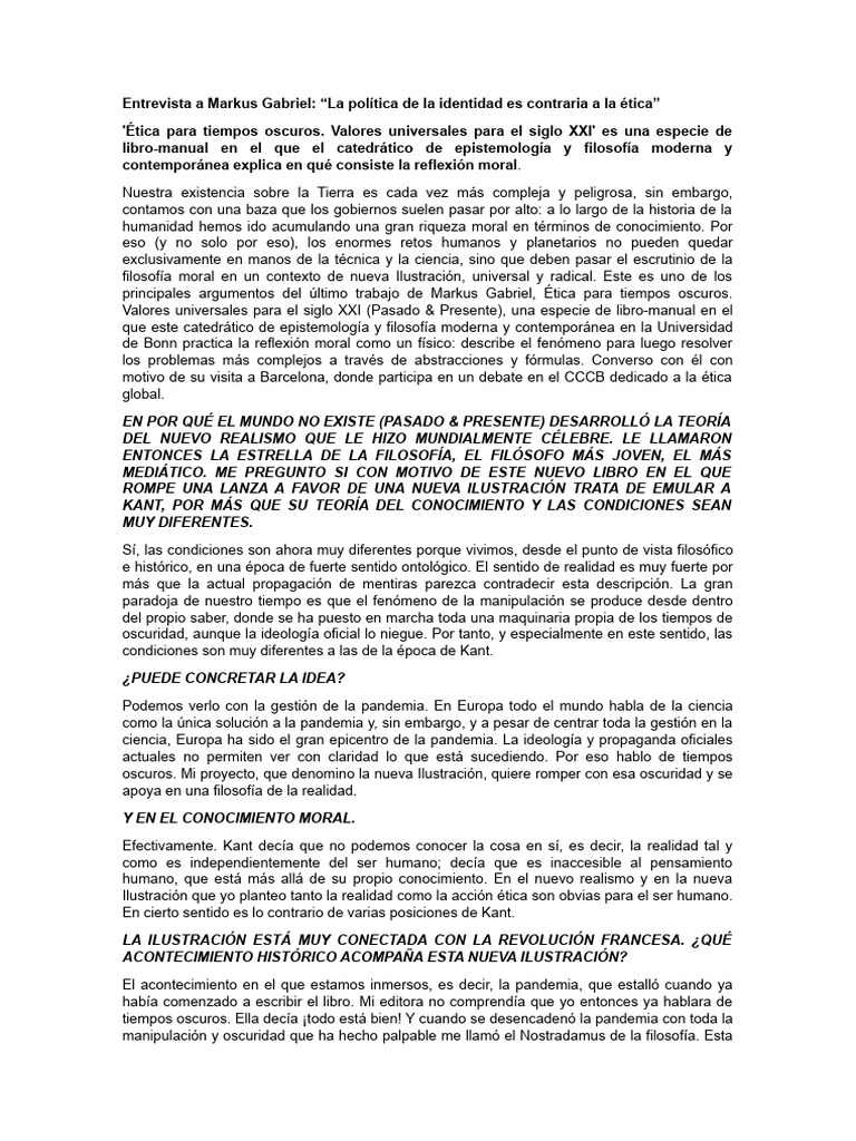 Entrevista A Markus Gabriel | PDF | Immanuel Kant | Moralidad