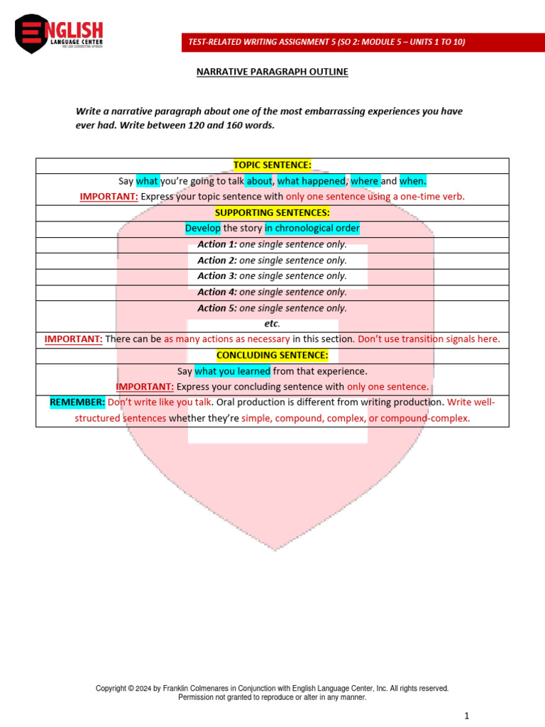 Test-Related Writing Assignment Outline (Unit 8 - Narrative Paragraph ...