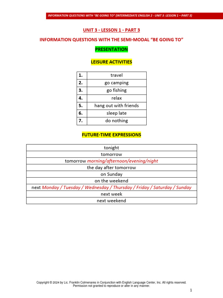 Information Questions With Be Going To (Unit 3 - Lesson 1 - Part 3 ...